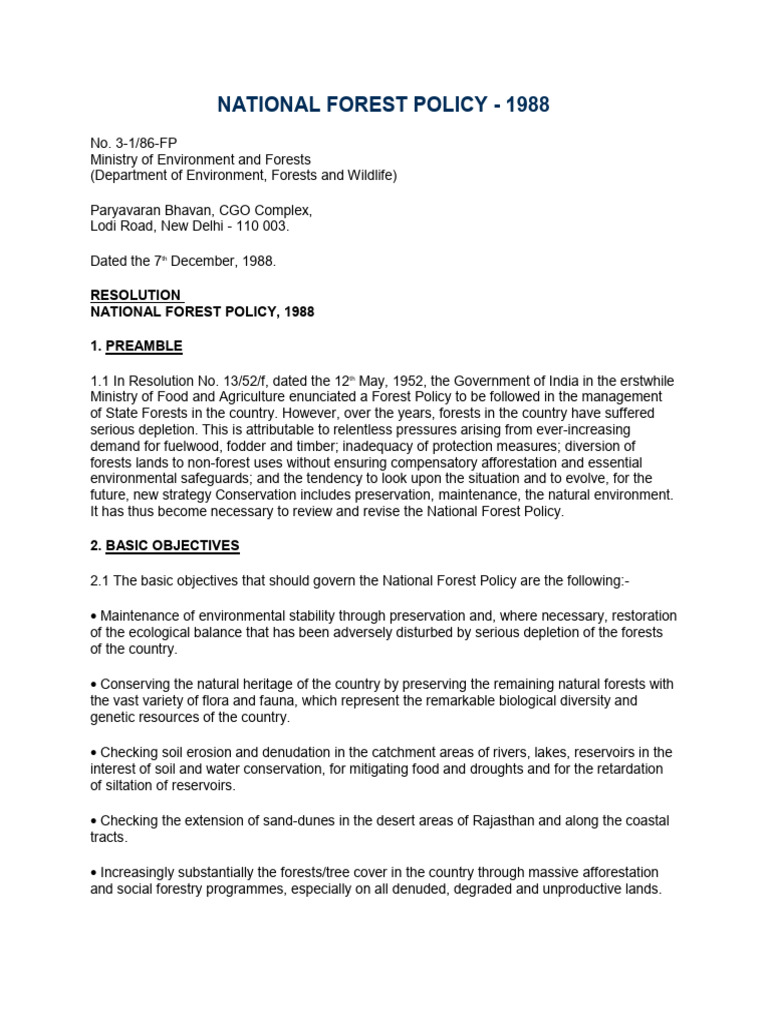 National Forest Policy 1988 | PDF | Forest Management | Forests