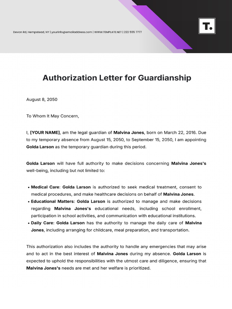 Authorization Letter For Guardianship Template | PDF