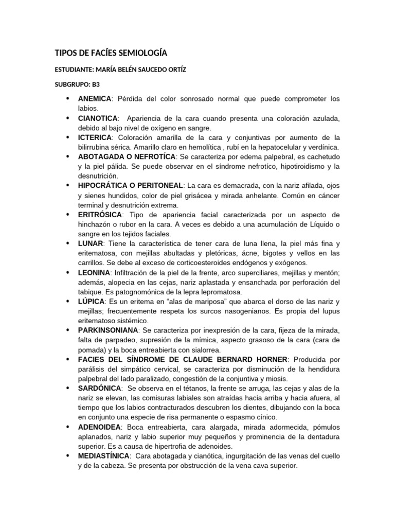 Tipos de Facíes Semiología | PDF | Cara | Anatomía humana