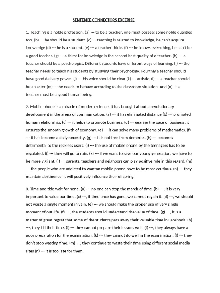 SENTENCE CONNECTORS EXCERISE | PDF | Teachers | Learning