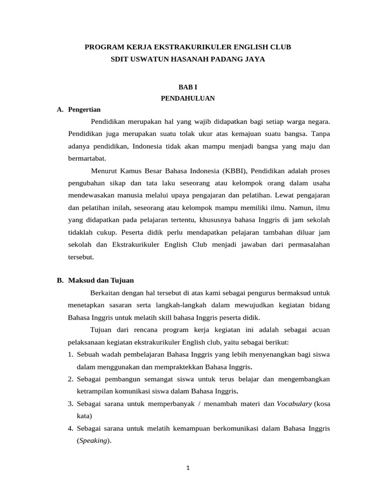 Program Kerja Ekstrakurikuler English Club FIX | PDF