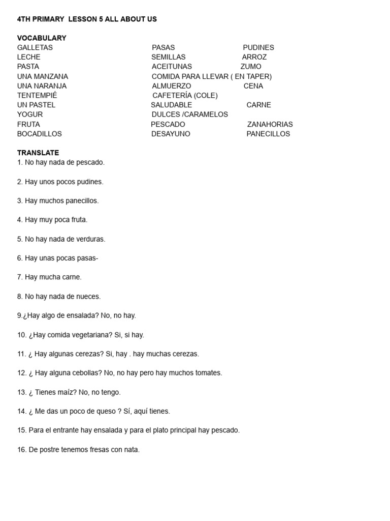 4TH Primary Lesson 5 All About Us | PDF | Food And Drink Preparation ...
