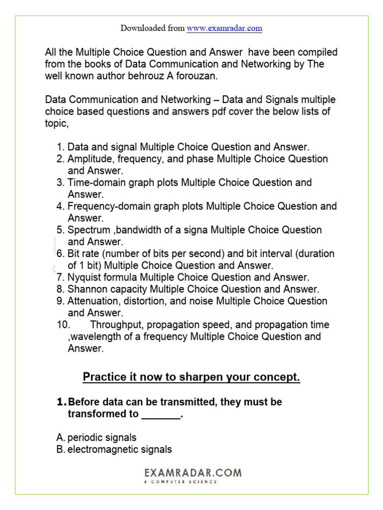 CH 3 Data and Signals Multiple Choice Questions and Answers MCQ PDF Data Communication and ...