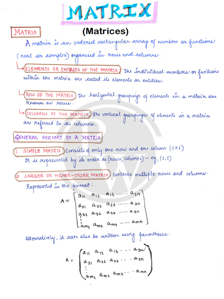 Matrices - Handwritten Notes - Parishram 2026 | PDF