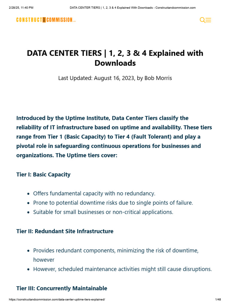 DATA CENTER TIERS - 1, 2, 3 & 4 Explained With Downloads | PDF | Data Center | Reliability ...