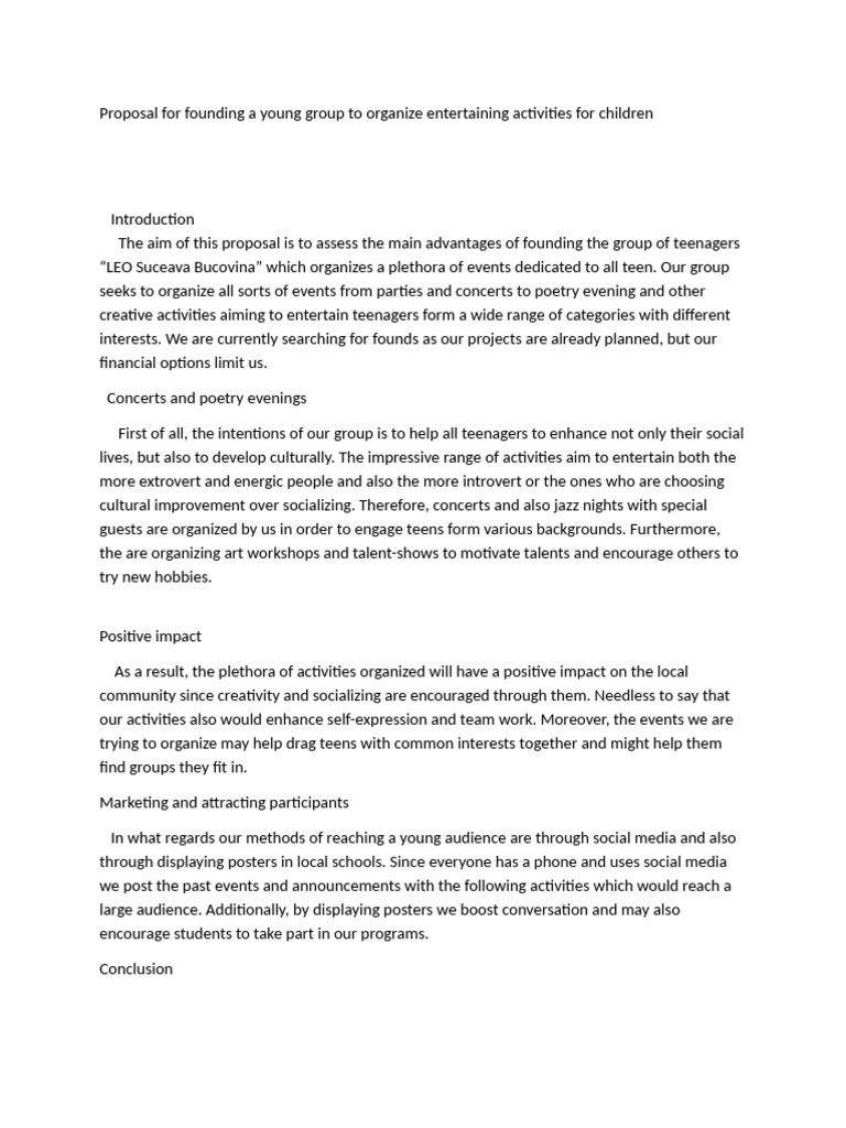 Proposal For Founding A Young Group To Organize Entertaining Activities ...