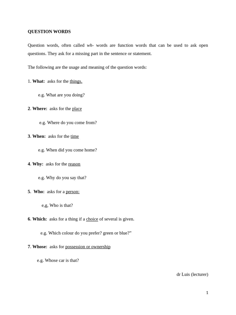 Question Words | PDF