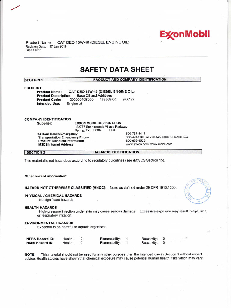 CAT DEO 15W-40 Safety Data Sheet | PDF