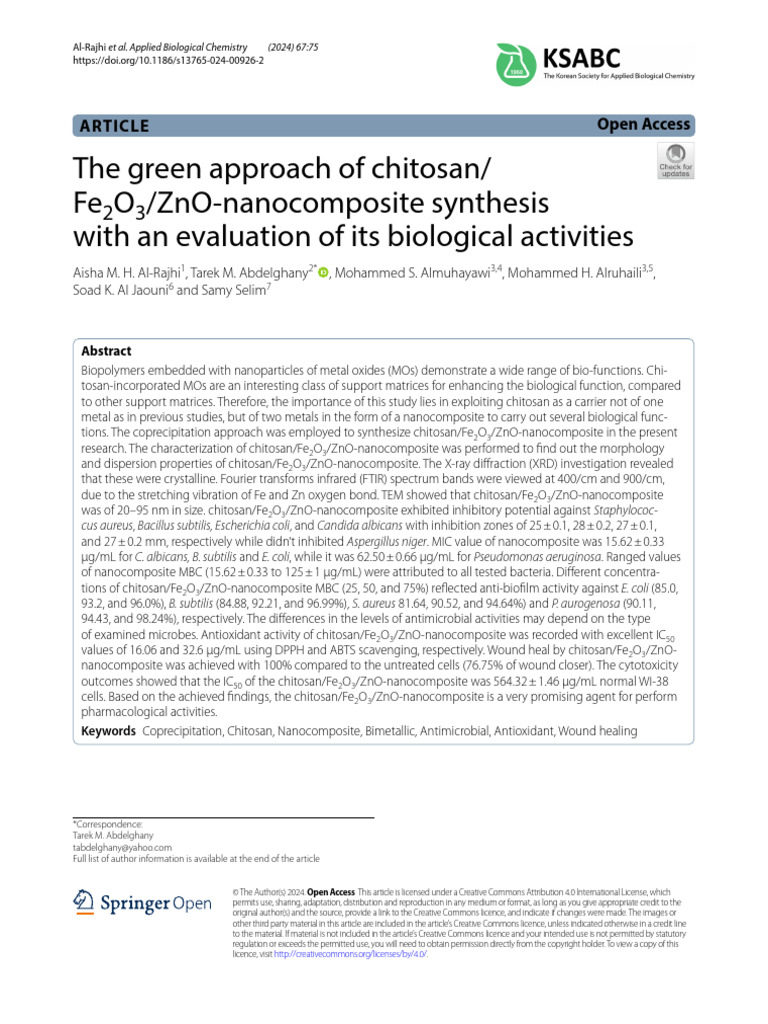 The Green Approach of chitosan-Fe2O3-ZnO Nanoparticles For Bioactiivty 2024 | PDF | Zinc Oxide ...