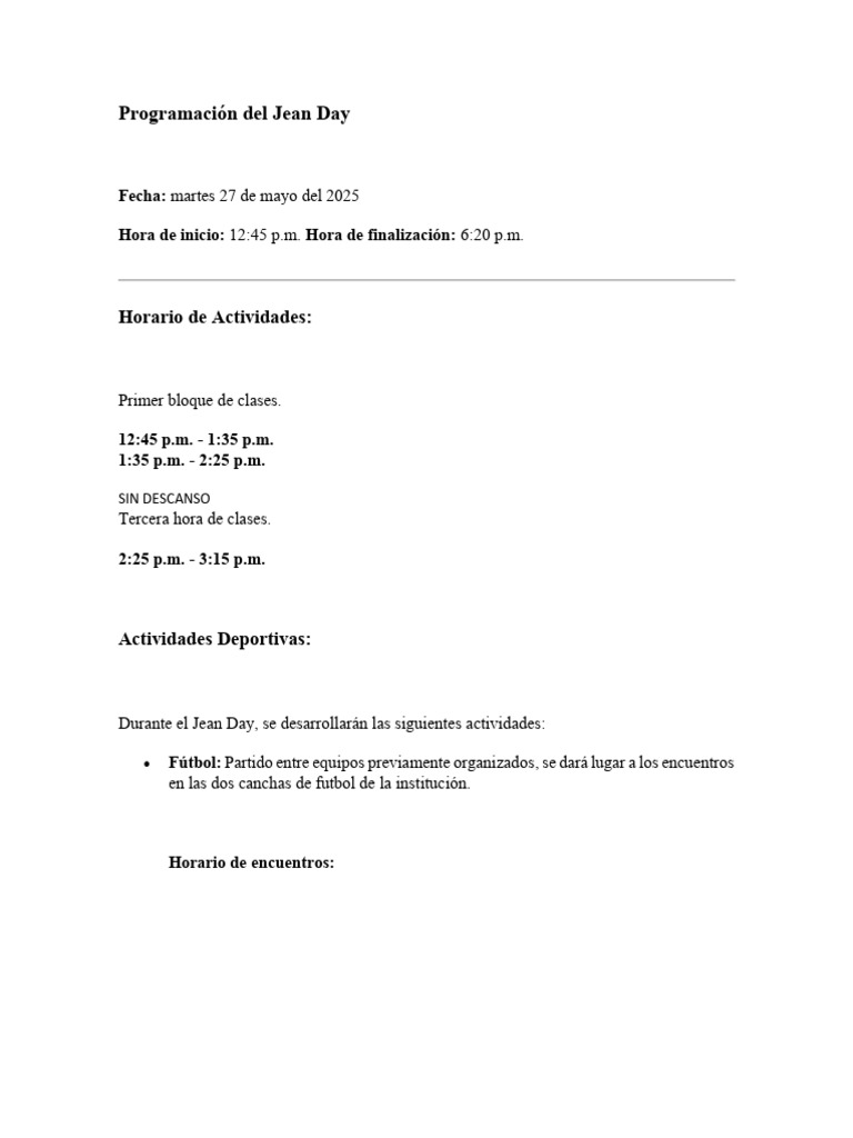 Actividades Deportivas Jean Day 2025 | PDF