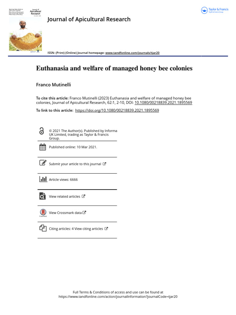 Euthanasia and Welfare of Managed Honey Bee Colonies | PDF | Beehive | Beekeeping