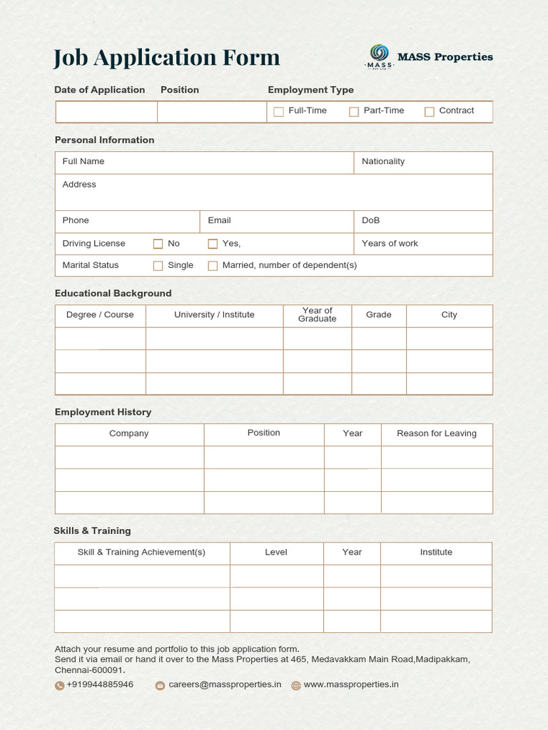 Job Application Form for Mass Properties | PDF