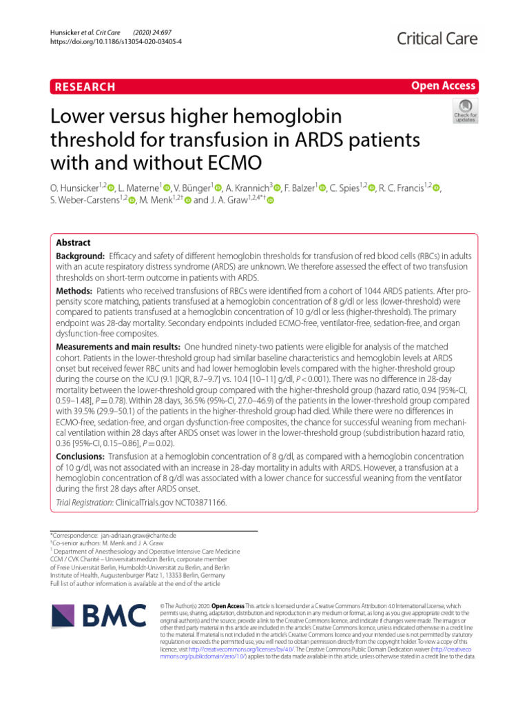 Lower Versus Higher Hemoglobin Threshold For Transfusion in ARDS ...