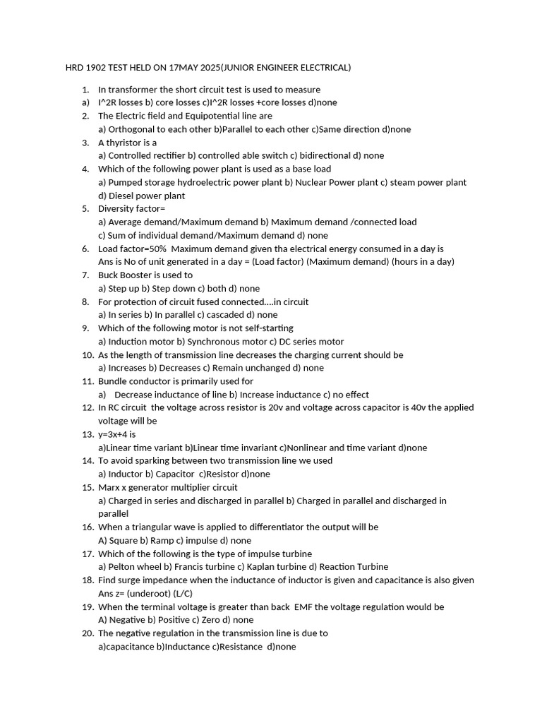 HRD 1902 Junior Engineer Test Review | PDF | Inductor | Electrical ...