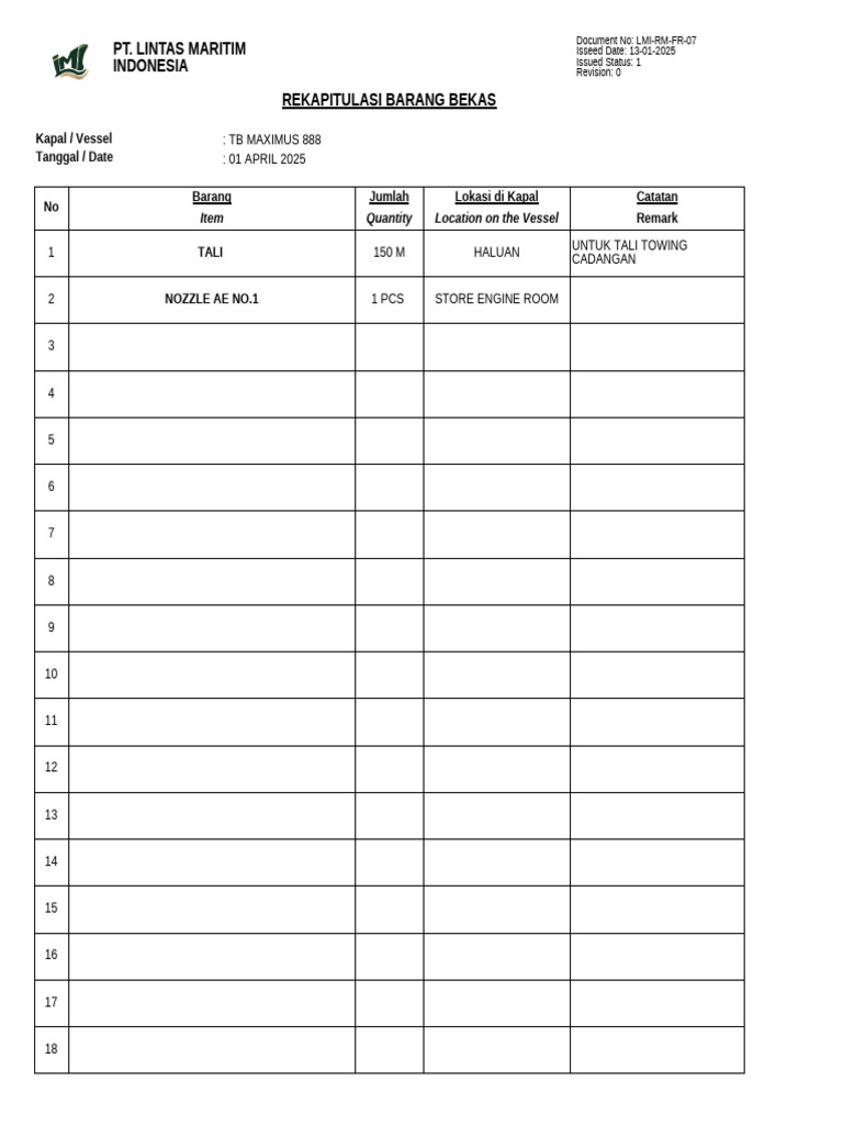 LMI-RM-FR-07 Monitoring Barang Bekas APRIL | PDF