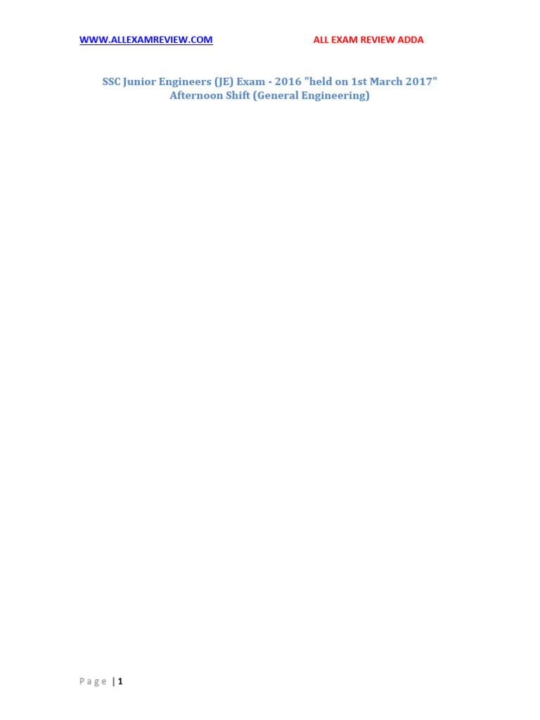 SSC Junior Engineers (JE) Exam - 2016 "Held On 1st March 2017" Afternoon Shift (General ...