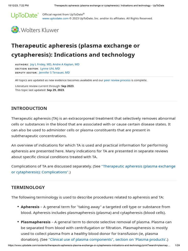 Therapeutic Apheresis (Plasma Exchange or Cytapheresis) - Indications ...
