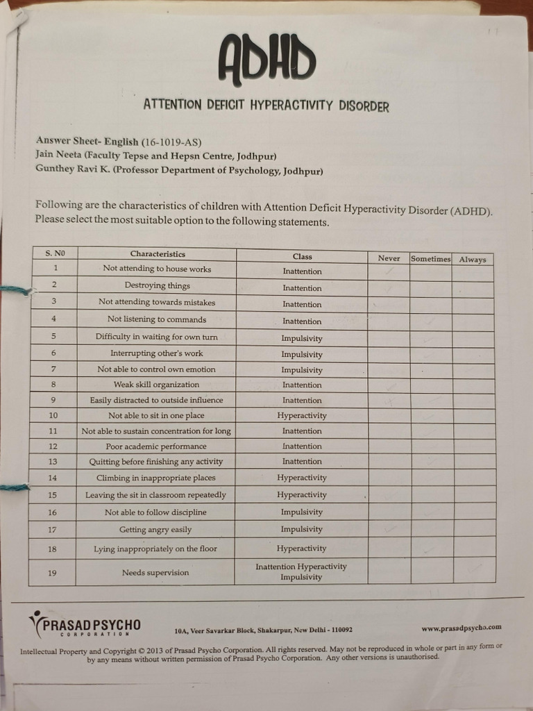 ADHD questionnaire | PDF