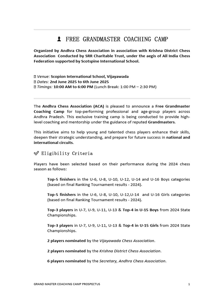 GM Coaching Camp Prospectus | PDF | Chess People | Chess