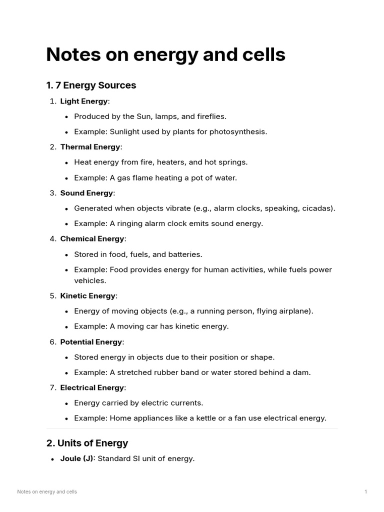 Notes On Energy and Cells | PDF | Cell (Biology) | Tissue (Biology)