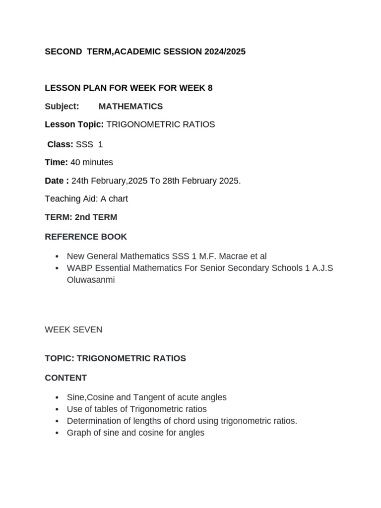 Math SSS 1 Week 8 2ND Term | PDF | Trigonometric Functions | Trigonometry