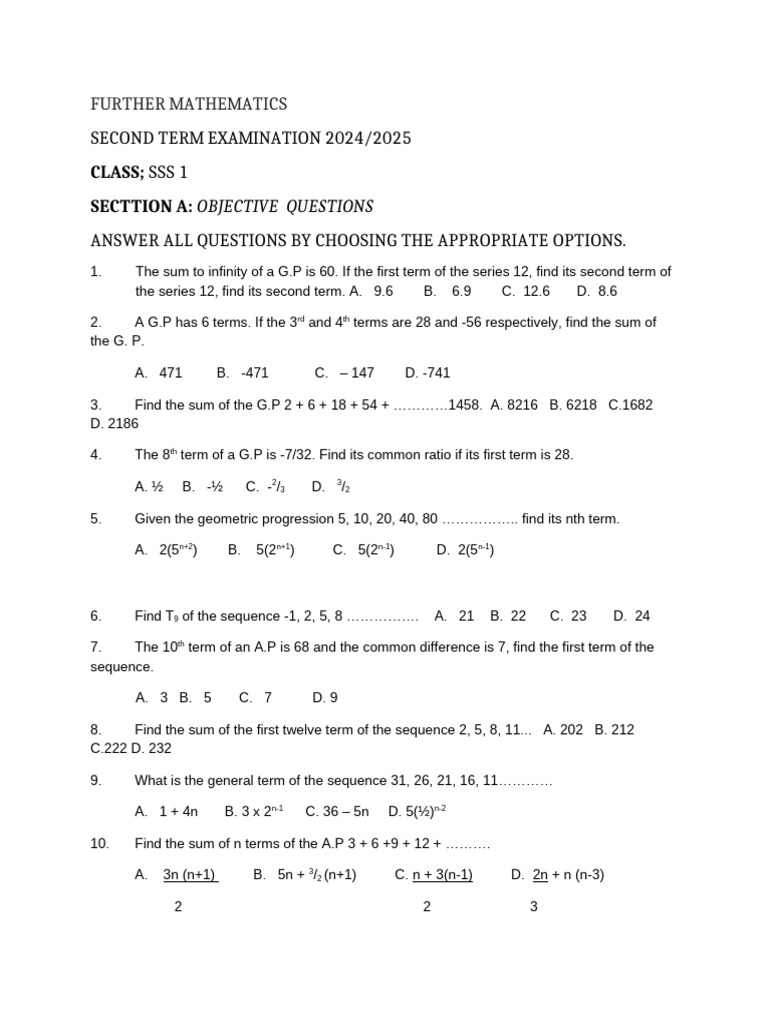 Further Math SSS 1 Exam 2ND Term | PDF | Mathematics