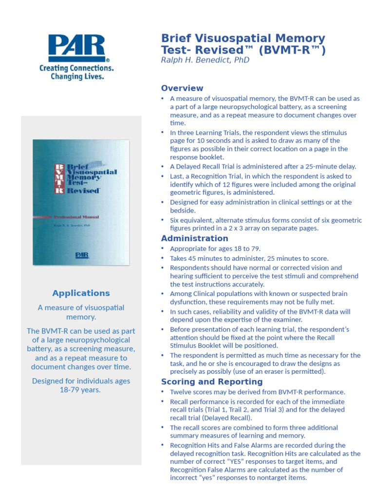 Brief Visuospatial Memory Test- Revised Edits | PDF | Memory | Dementia