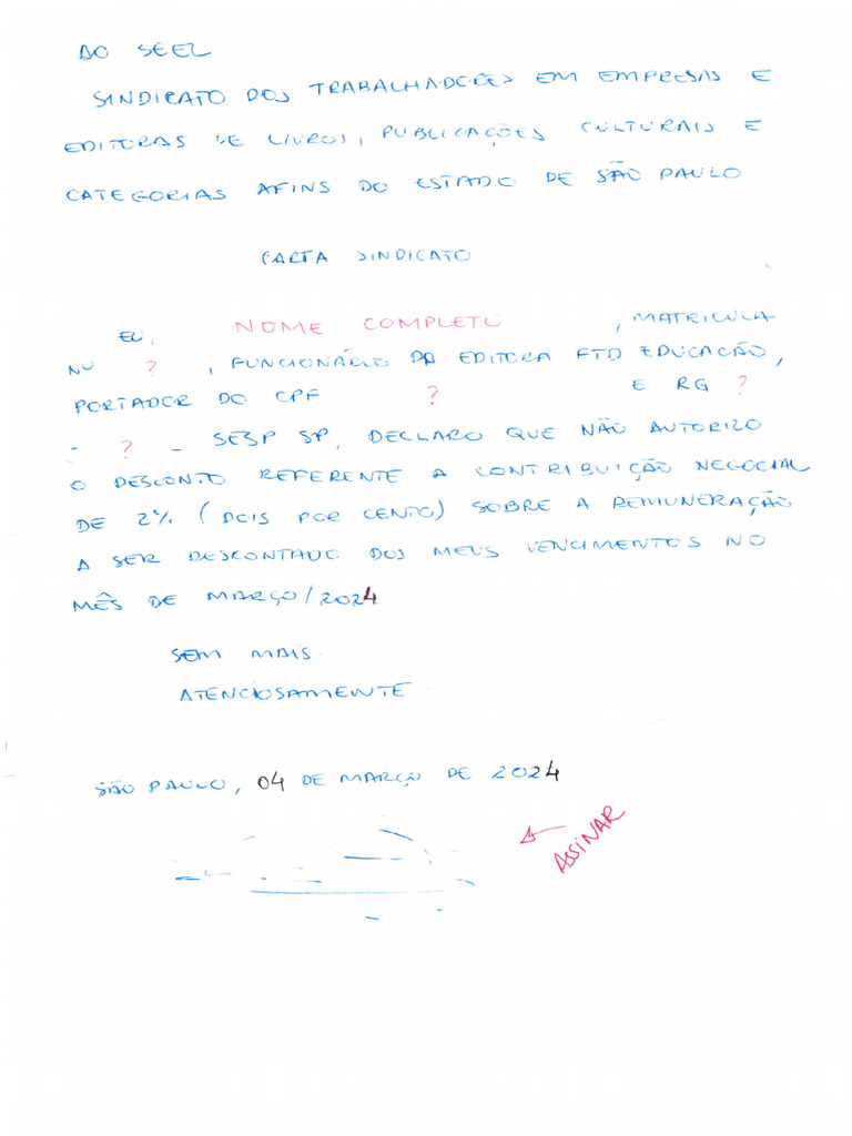 Modelo Carta de Sindicato 3 | PDF
