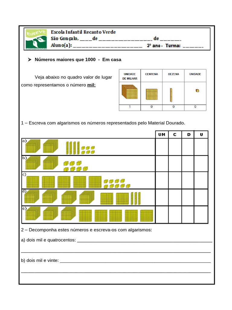 Números Maiores Que 1000, Atividade para Casa, 3º Ano, 2025 | PDF