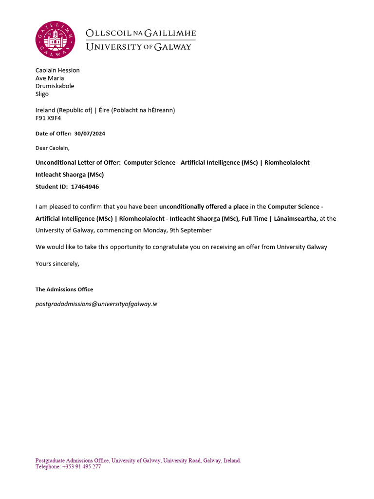 NUIG EU Firm Offer Letter | PDF