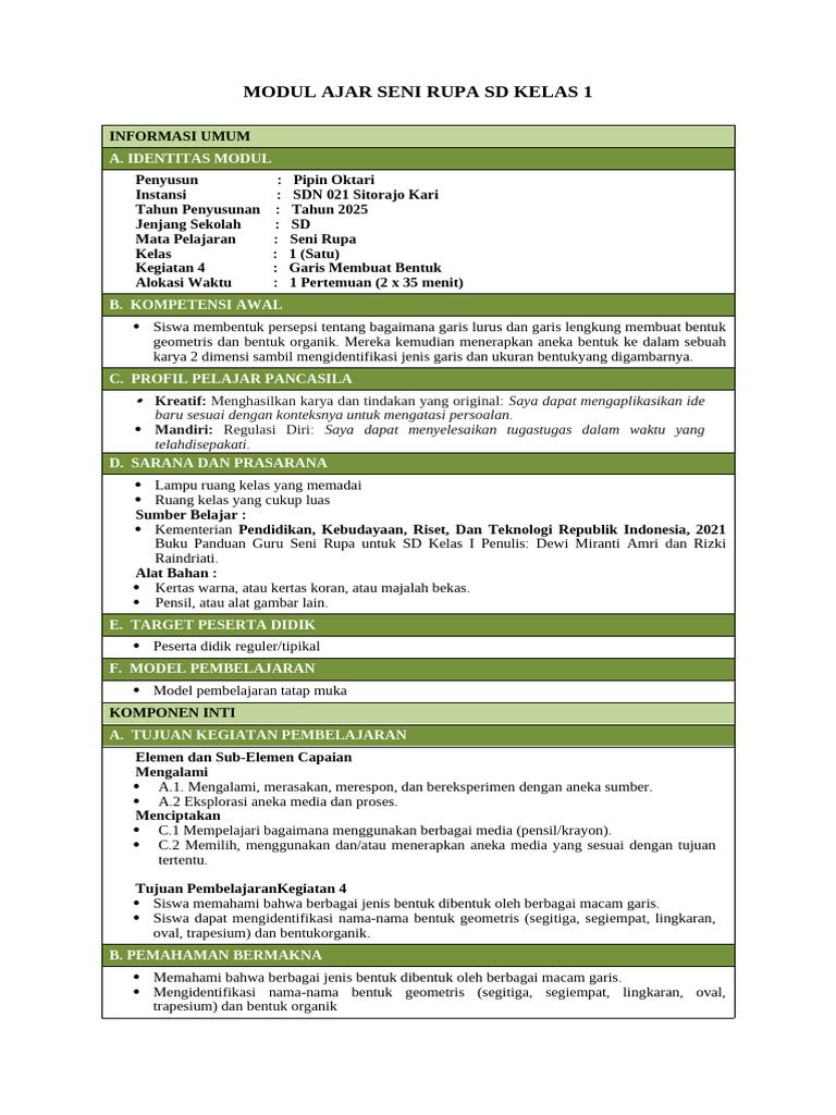 Modul Ajar SBDP Kelas 1 Pipin | PDF