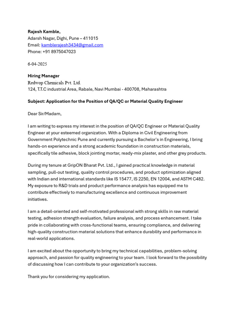 Rajesh Kamble Cover Letter | PDF