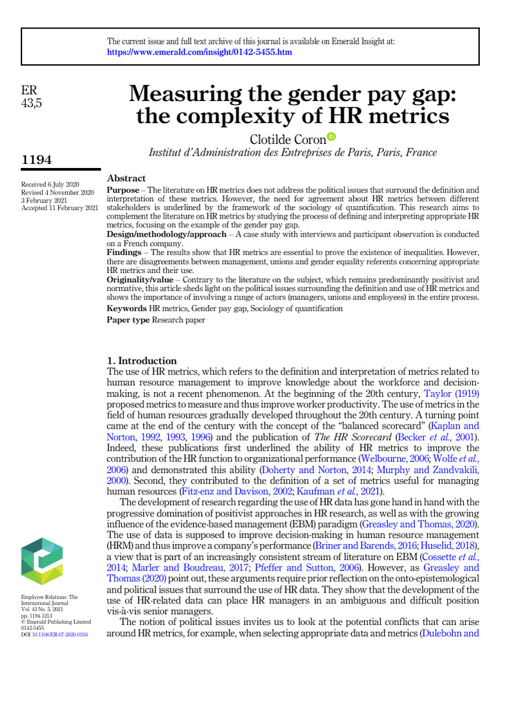 Measuring The Gender Pay Gap The Complexity of HR Metrices | PDF | Salary | Gender Pay Gap