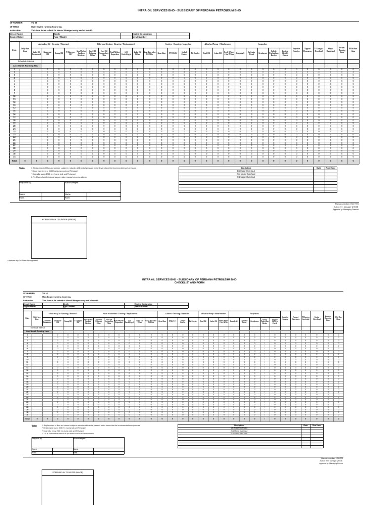 TM16. Main Eng Run Hour Log | PDF | Lubricant | Engines
