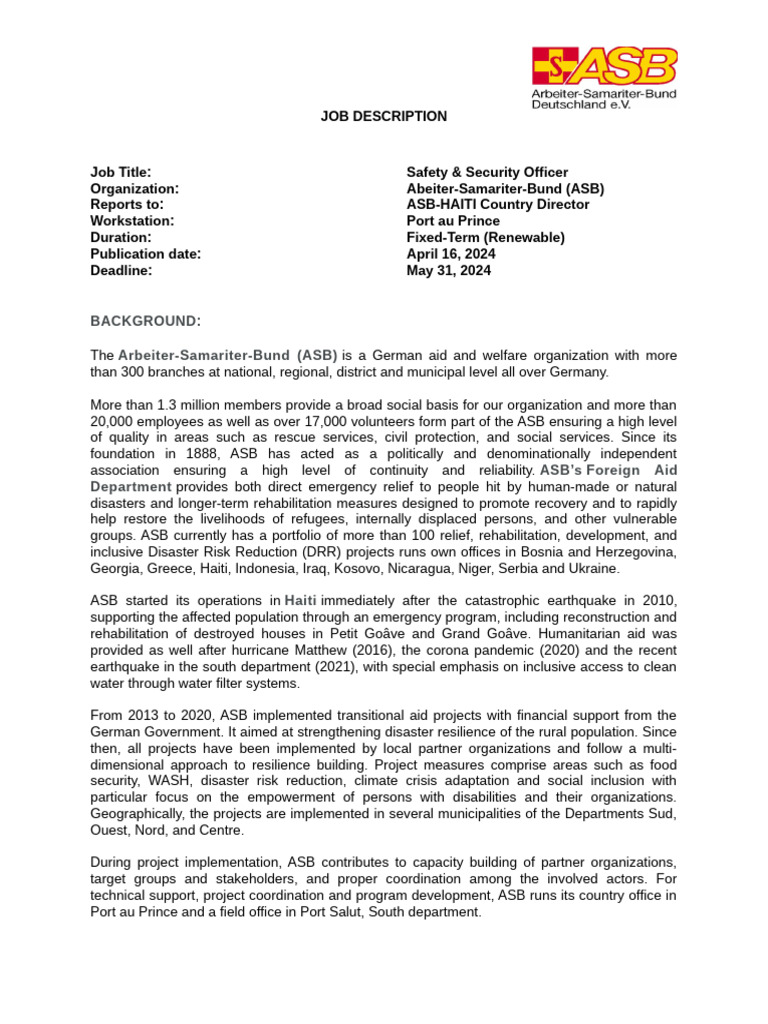 Safety and Security Officer JD NB 2 | PDF | Climate Resilience ...