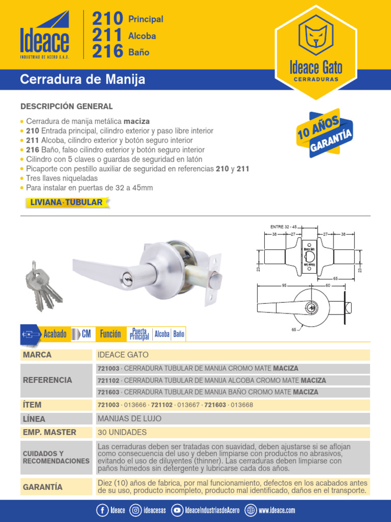 Cerraduras Tubulares de Manija Cromo Mate | PDF