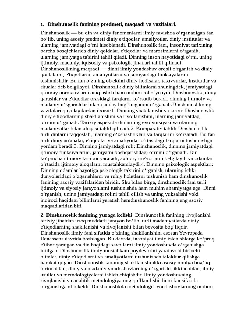 Dinshunoslik Yakuniy | PDF