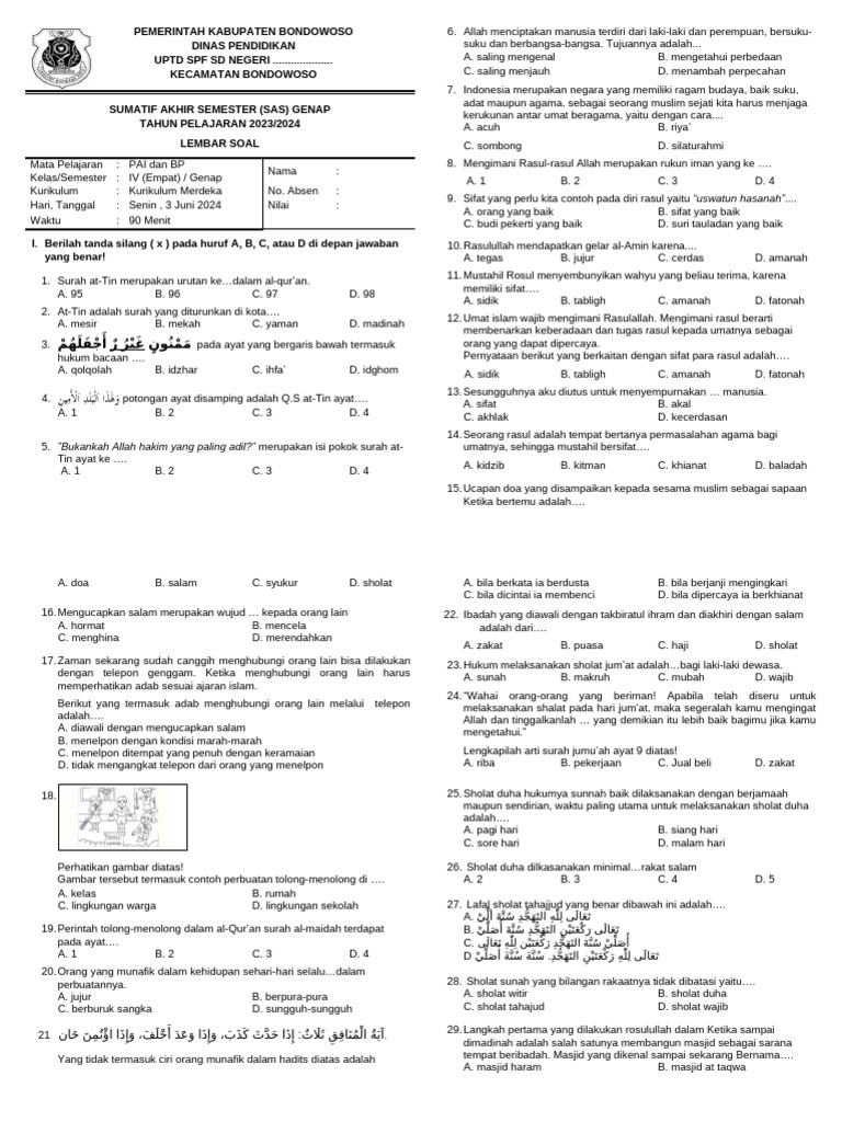 KUMER (2) SOAL SAS GENAP PAI KELASI IV 2023-2024 EDITT Ok | PDF