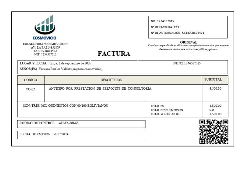 Factura de Consultoría Cosmovisión | PDF