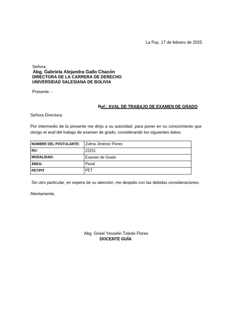 MODELO de CARTA AVAL (PET PIT) Presentación de Trabajo A Revisor | PDF