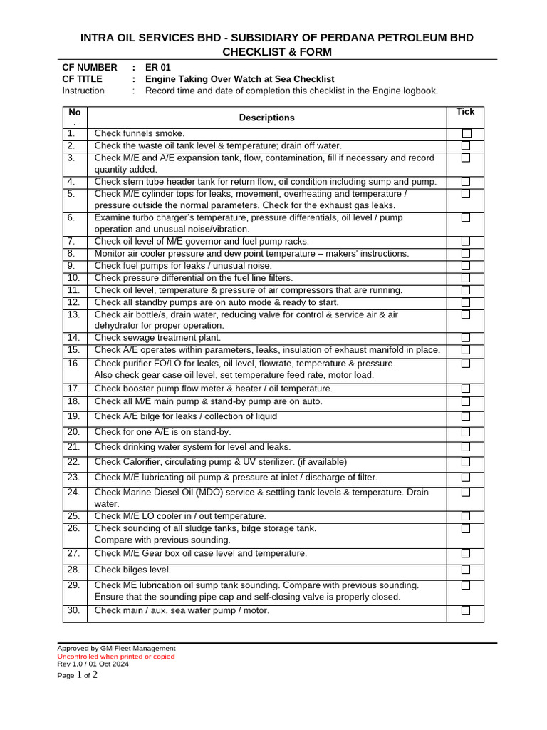 ER01. Eng Taking Over Watch at Sea | PDF | Pump | Engines