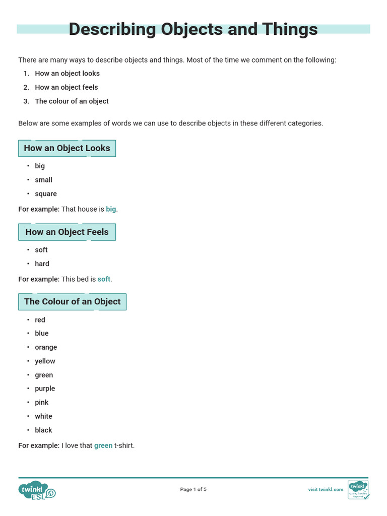Describing Objects and Things Activity Sheet Adults A1 | PDF | English ...