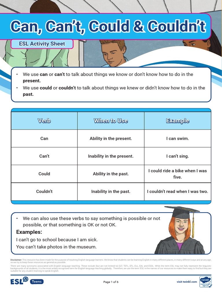 Can Cant Could Couldnt Activity Sheet Teens A1 A2 | PDF | English As A Second Or Foreign ...
