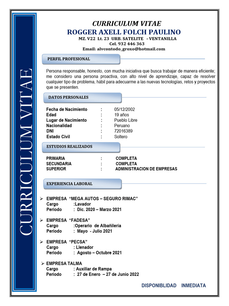 Curriculum Rogger Axell Folch Paulino | PDF