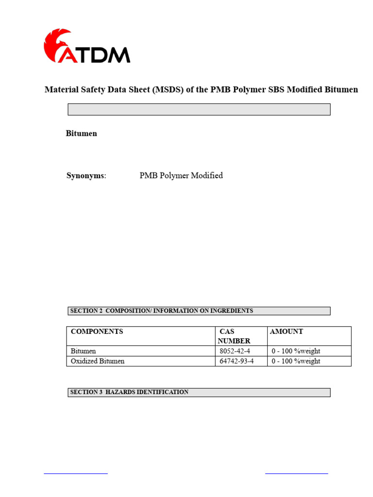 MSDS and SDS of Bitumen PMB Polymer Modified | PDF | Personal ...
