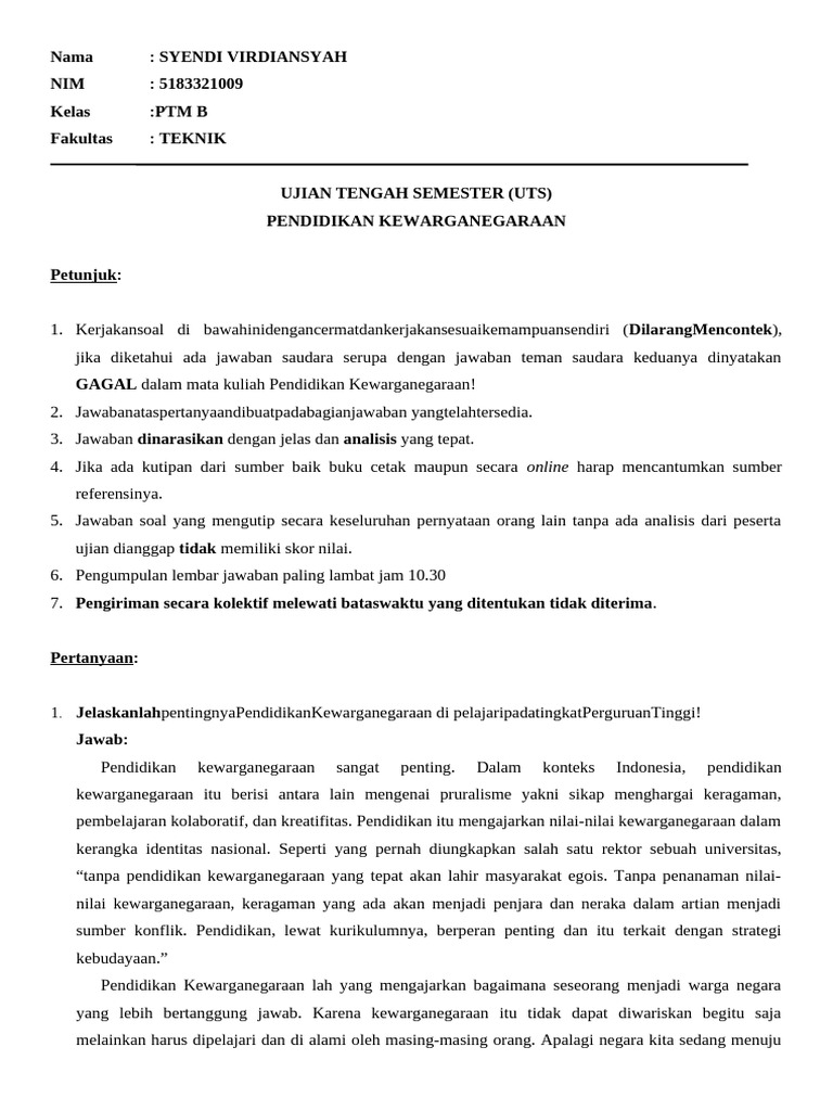 Uts Pendidikan Kewarganegaraan S1 | PDF