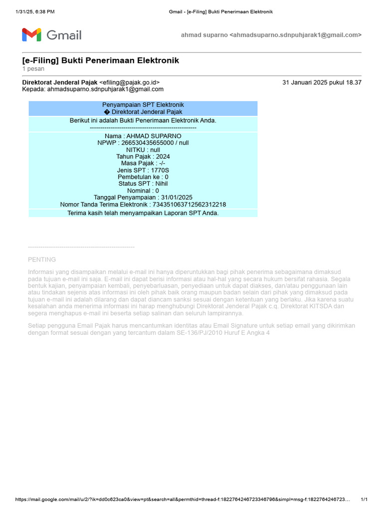 Gmail - (E-Filing) Bukti Penerimaan Elektronik AHMAD SUPARNO | PDF
