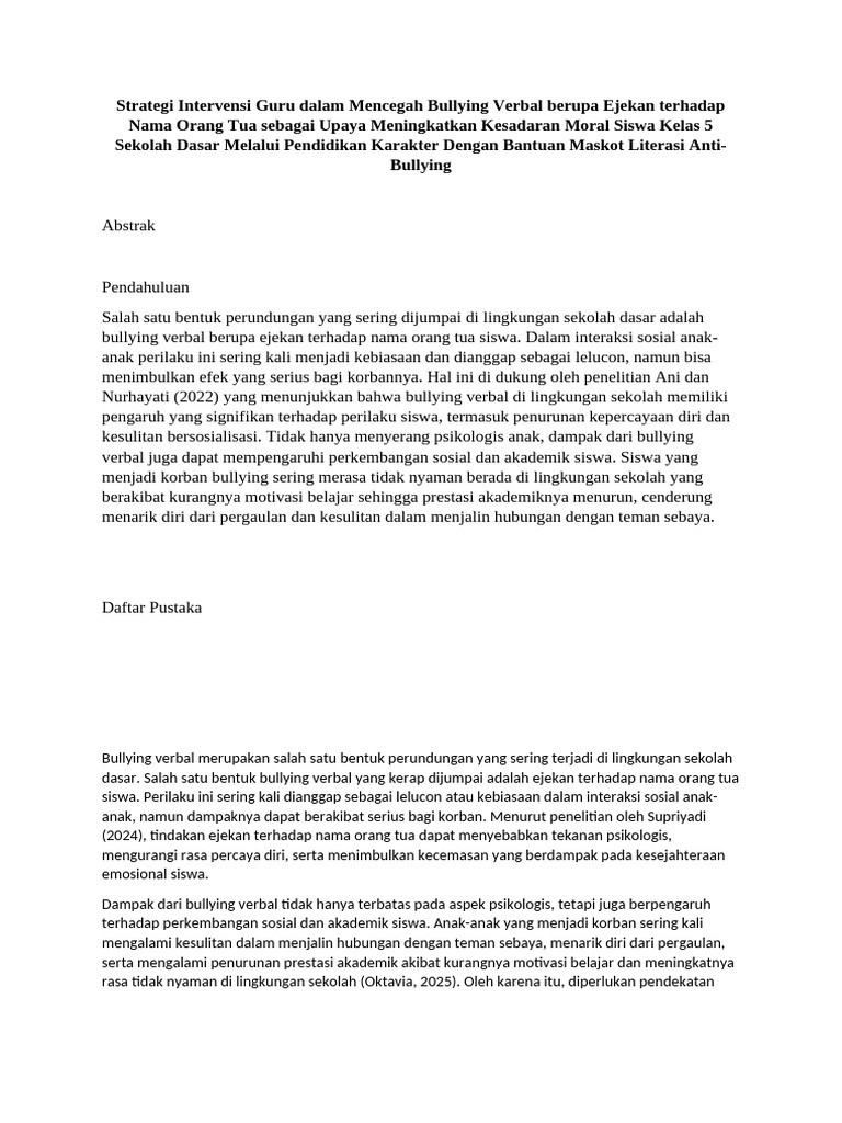 Strategi Intervensi Guru Dalam Mencegah Bullying Verbal Berupa Ejekan ...