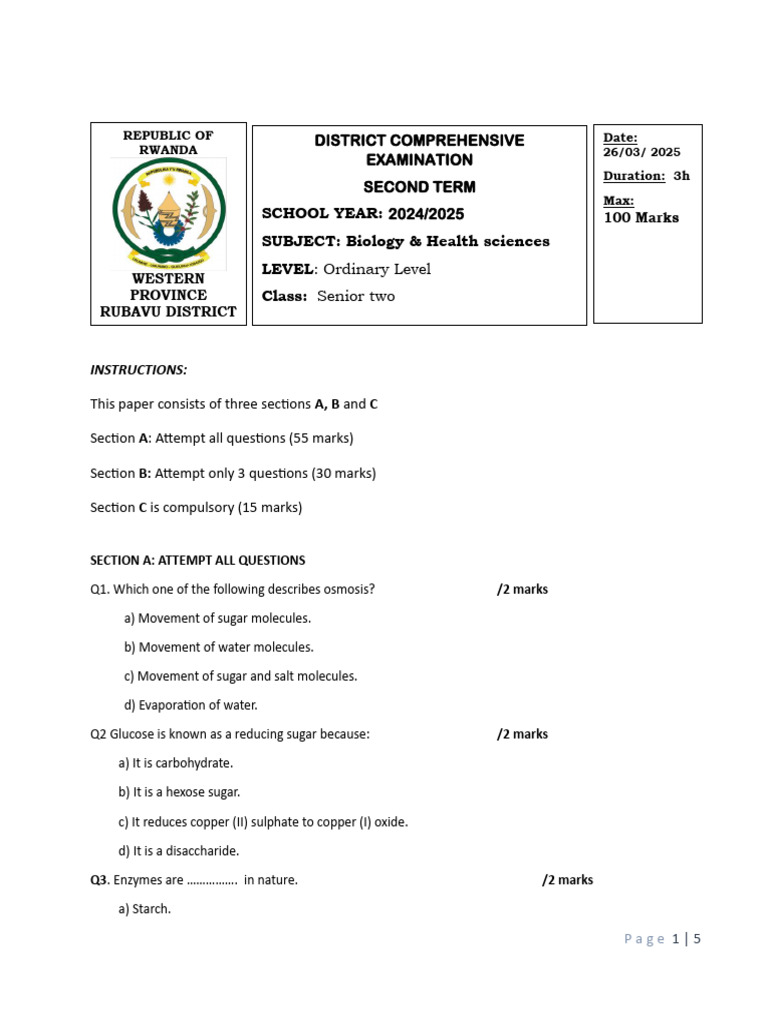 Biology S2 Second Term Exam 2025 | PDF | Photosynthesis | Enzyme
