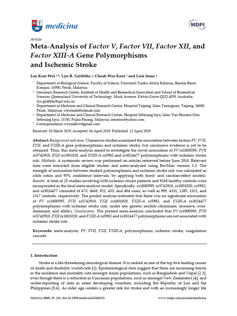 Meta-Analysis of Factor V, Factor VII, Factor XII, and | PDF | Dominance (Genetics) | Single ...